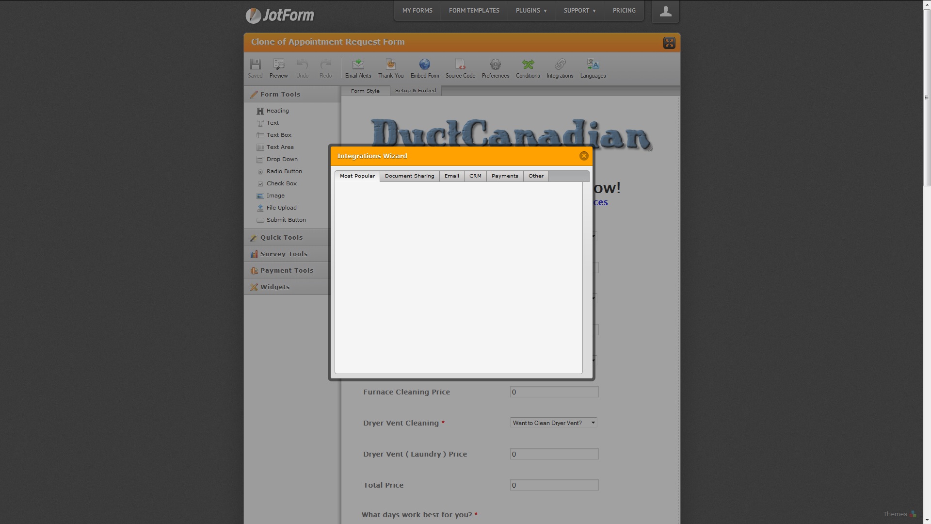 Integrations Dialog Window Is Empty